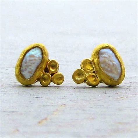 Handmade Pearl 24k Gold Studs Earrings Jewelry Designer
