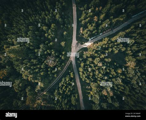 an aerial top view of intersecting roads surrounded by fir tree forests
