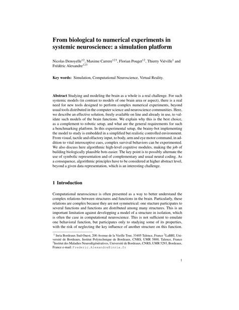 Pdf From Biological To Numerical Experiments In Systemic Neuroscience A Simulation Platform