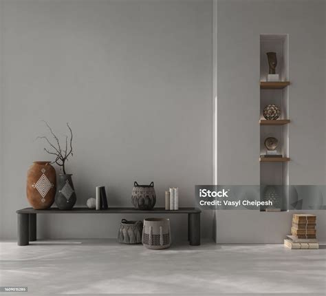 회색 빈 벽과 콘크리트 바닥이 있는 거실의 현대적인 인테리어 디자인 아름 다운 장식입니다 모형 3d 렌더링 0명에 대한 스톡 사진 및 기타 이미지 Istock