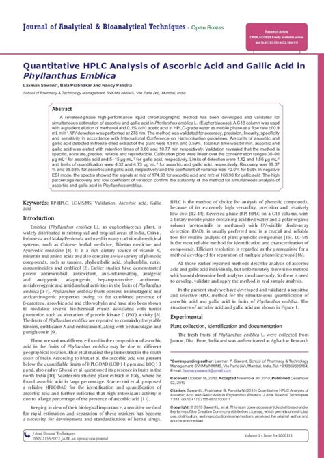 Pdf Quantitative Hplc Analysis Of Ascorbic Acid And Hplc Analysis Of Ascorbic Acid And