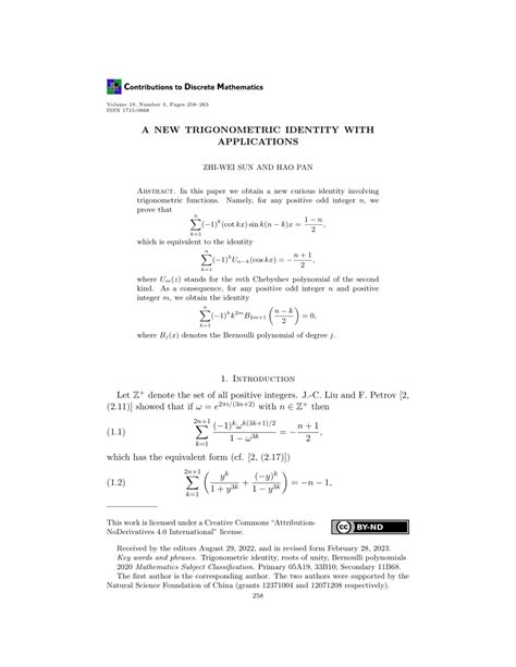 Pdf A New Trigonometric Identity With Applications