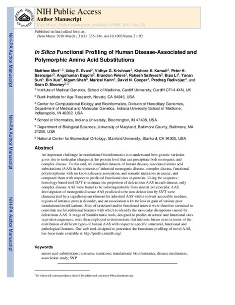 Pdf In Silico Functional Profiling Of Human Disease Associated And Polymorphic Amino Acid