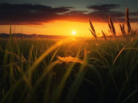 Premium Ai Image Grass Sunset