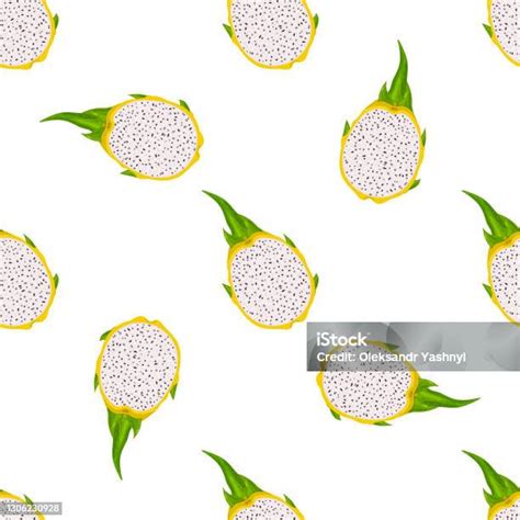 흰색 배경에 고립 된 신선한 반 컷 노란색 피타야 과일과 원활한 패턴 건강한 라이프 스타일을위한 여름 과일 유기농 과일 만화 스타일 모든 디자인에 대한 벡터 그림입니다 0