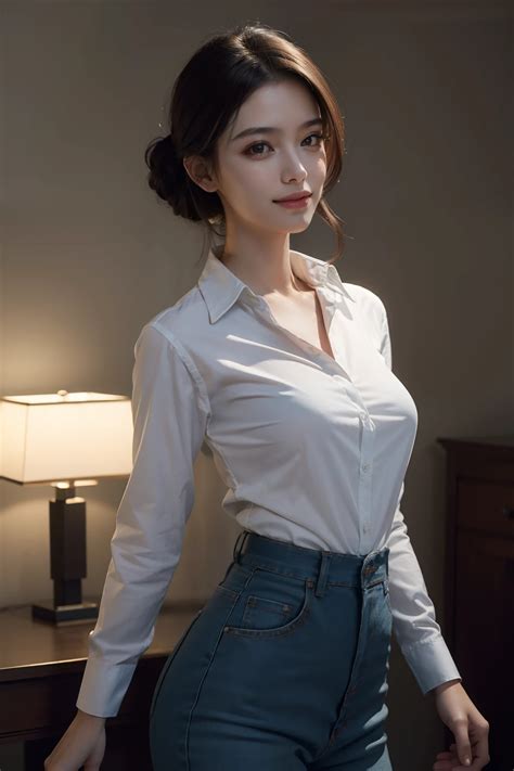 흰 셔츠와 청바지를 입은 여성이 방에 서 있다 Seaart Ai