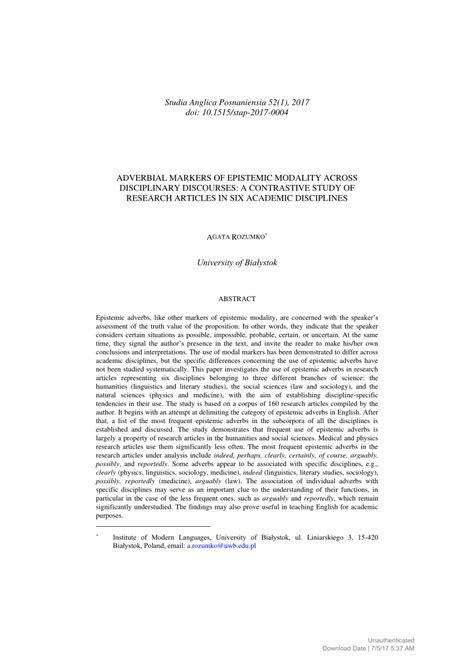 Pdf Adverbial Markers Of Epistemic Modality Across Disciplinary Discourses A Contrastive