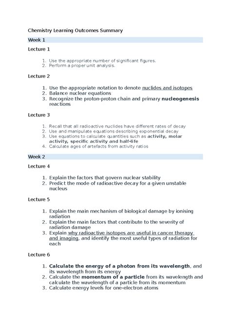 2024 Chem1111 Learning Outcomes Summary Chemistry Learning Outcomes Summary Week 1 Lecture 1 1