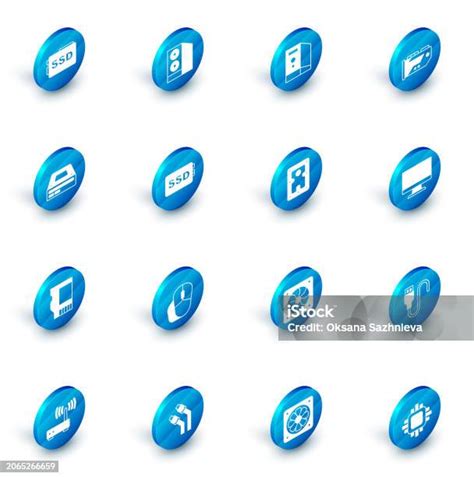 컴퓨터 비디오 그래픽 카드 광 디스크 드라이브 Sd Ssd 컴퓨터 모니터 화면 및 하드 디스크 Hdd 아이콘의 케이스를 설정합니다 벡터 3차원 형태에 대한 스톡 벡터 아트