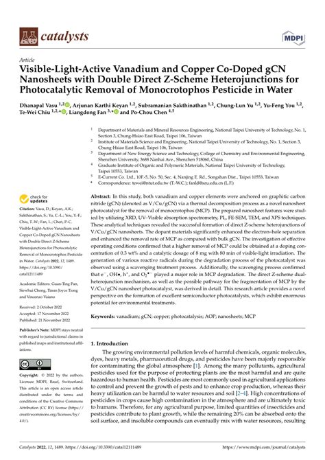 Pdf A Novel Visible Light Active Vanadium And Copper Co Doped Gcn