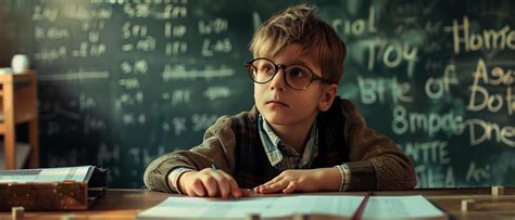 A Boy Doing Math On Classroom Sitting On His Desk With Blur Blackboard