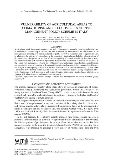 Pdf Vulnerability Of Agricultural Areas To Climatic Risk And Effectiveness Of Risk Management
