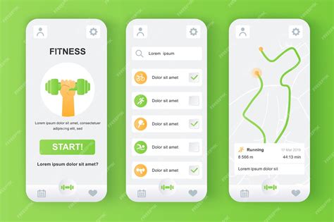 모바일 앱을위한 피트니스 모니터 고유의 신형 키트 지도에서 달리기 경로가있는 개인 추적기 다양한 종류의 운동 스포츠 Ui Ux 템플릿 세트 반응 형 모바일