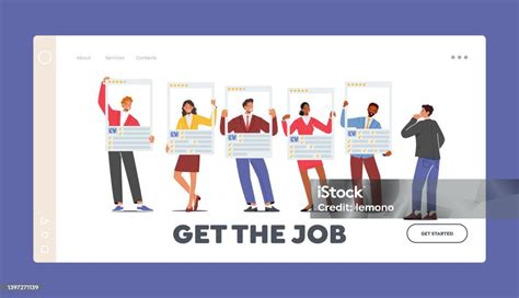 작업 방문 페이지 템플릿을 가져옵니다 아바타와 기술을 가진 이력서 종이 시트를 들고 실업자 캐릭터 구직자 옆모습에 대한 스톡 벡터 아트 및 기타 이미지 Istock