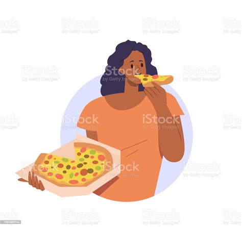 맛있는 패스트푸드 조각을 먹는 상자에 테이크 아웃 맛있는 피자를 들고 있는 젊은 여자 피자에 대한 스톡 벡터 아트 및 기타