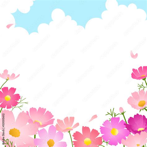 Стоковое векторное изображение «코스모스와 파란 하늘과 구름이 있는 가을 풍경 일러스트 Adobe Stock