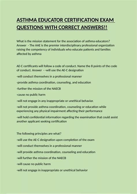 Asthma Educator Certification Exam Questions With Correct Answers