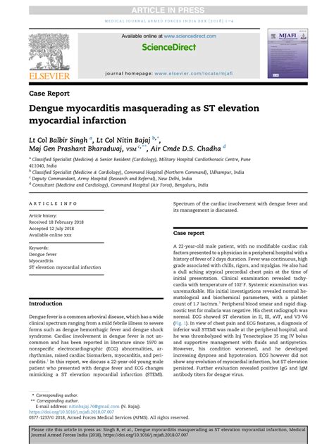 Pdf Dengue Myocarditis Masquerading As St Elevation Myocardial Infarction