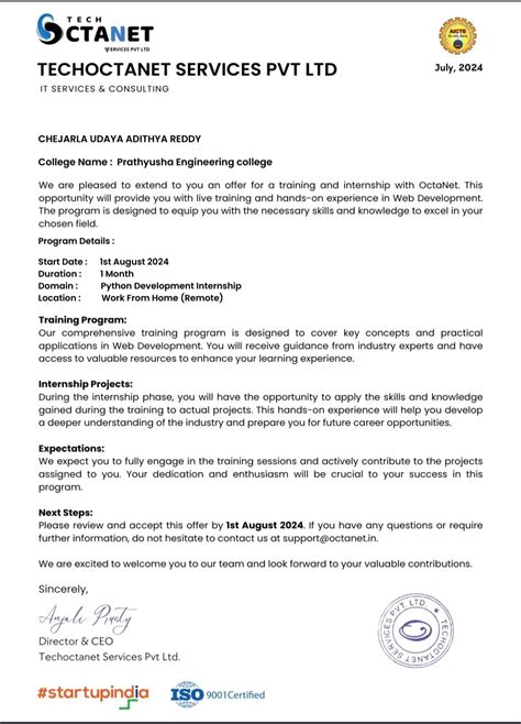 Adithya Reddy On Linkedin Internship Offer Letter From Tech Octanet