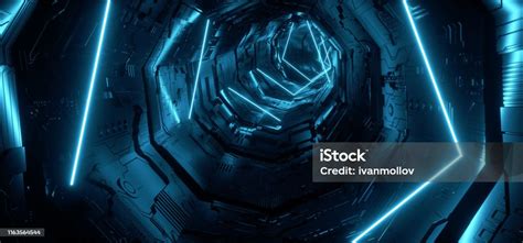 미래 네온 빛 블루 하이퍼 오각형 삼각형 상세한 공상 과학 소설 외계인 우주선 반사 금속 복도 터널 게이트 빈 빛나는 배경 현대 3d 렌더링 0명에 대한 스톡 사진 및 기타