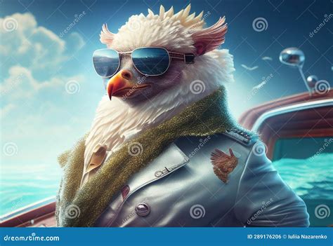 Funny Chicken In A Jacket And Sunglasses Traveling On A Yacht Ai Generated Stock Illustration