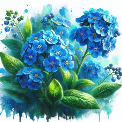 Watercolor Forget Me Not Flowers On Watercolor Blue Background Stock