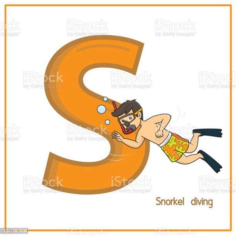 알파벳 문자 S 어퍼 케이스 또는 영어 학습 연습 Abc를위한 자본 편지와 스노클 다이빙의 벡터 그림 Coral