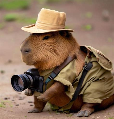 A Capybara Wearing A Hat And Holding A Camera