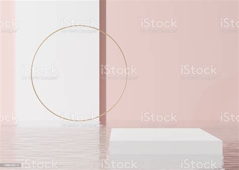 분홍색과 흰색 배경에 물 속에 서있는 연단 제품 화장품 프리젠 테이션을위한 아름다운 모형 미용 제품을위한 받침대 또는 플랫폼 빈 장면 무대 3d 렌더링 0명에 대한 스톡