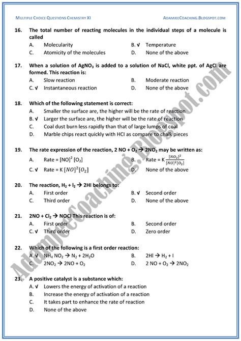 Adamjee Coaching Xi Chemistry Mcqs Introduction To Chemical Kinetics
