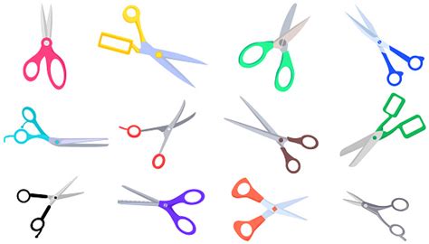 다양한 모양의 가위가 설정됩니다 블레이드와 플라스틱 핸들로 만든 도구 창의력을 위한 장비 가위에 대한 스톡 벡터 아트 및 기타