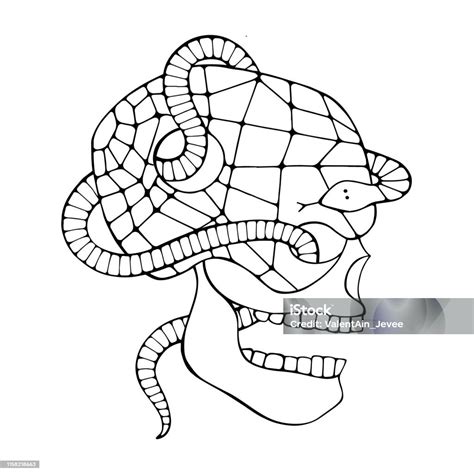 벡터 흑백 손으로 그린 그림 뱀 치아 T 셔츠 멕시코 스타일 죽은 멕시코의 날 할로윈 스케치 문신 그림에 대한 인간의 인쇄 공포의 실루엣 얼굴 두개골 0명에 대한 스톡 벡터