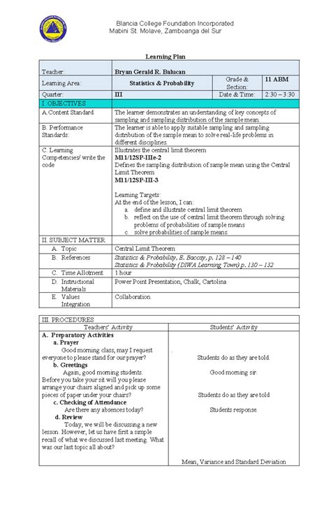 Central Limit Theorem Lesson Plan M11 12sp Iiie And M11 12sp Iii