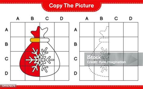 사진을 복사하여 그리드 라인을 사용하여 산타 클로스 백사진을 복사하십시오 교육 어린이 게임 인쇄 워크 시트 벡터 일러스트레이션 0명에 대한 스톡 벡터 아트 및 기타 이미지
