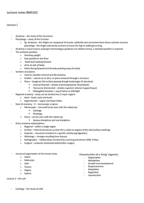 BMS Lecture Notes Basic Bullet Points Characteristics Of A Living Organism Organisation