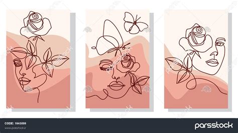 نقاشی وکتور یک خطی پیوسته صورت زن الگوهای سبک با چهره زنانه انتزاعی و