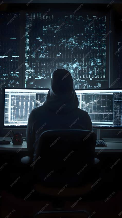 Free Ai Image Hacker In Hoodie Sitting In Front Of Computer Monitor With Binary Code