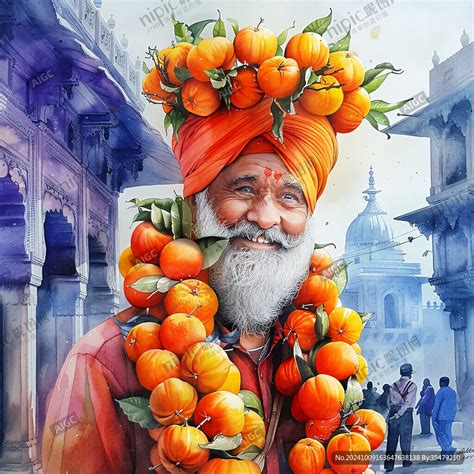 Ai创作图卖桔子的人 卖桔子的小贩 印度旅游印度水彩插画 砂糖橘插画设计 印度水彩印度城市旅游 水彩印度插画印度水彩 精品沃柑包装插画 手绘沃柑海报 南亚风情插画 沙糖桔包装插画 卖柿子的农民