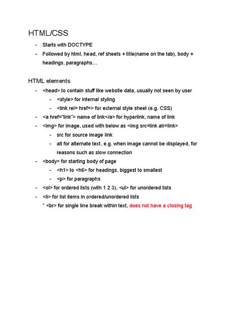 Notes For Quiz 1 Web Systems 31268 Htmlcss Starts With Doctype Followed By Html Head