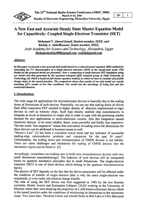 Pdf A New Fast And Accurate Steady State Master Equation Model For Capacitively Coupled Single