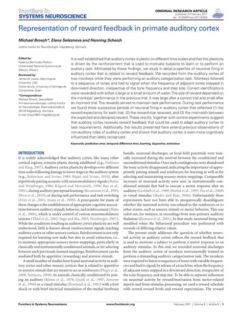 Pdf Representation Of Reward Feedback In Primate Auditory Cortex