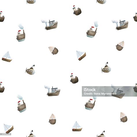 다른 배 배 잠수함 돛을 가진 이음새가 없는 본 손으로 그린 유치한 항해 배경입니다 Oceanis와 바다 패턴 수병에 대한 스톡