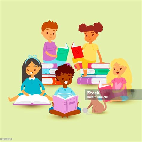 고양이 만화 벡터 일러스트레이션으로 책 더미에 원을 그리며 읽는 아이들 학교 교육 및 지식 개념 노란색 배경에 고립 된 책을 읽는 다른 국적의 아이들 가득 찬에 대한 스톡