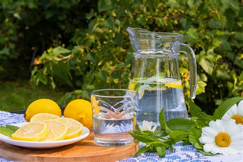 유리 용기에 레몬과 민트와 함께 상쾌한 음료를 준비하여 여름 갈증을 해소했습니다 0명에 대한 스톡 사진 및 기타 이미지 0명