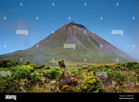 The Picturesque Pico Volcano Rises Up In A Green Landscape Highlands Pico Island Azores