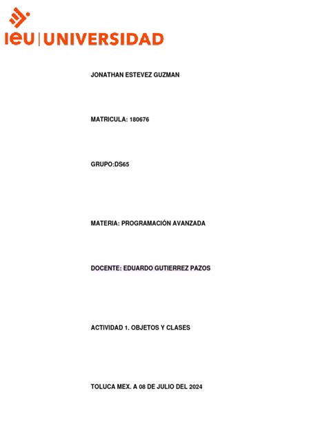Actividad 1 Objetos Y Clases Jonathan Estevez Pdf Java Lenguaje De Programación
