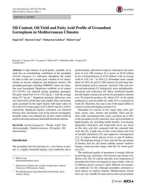 Pdf Oil Content Oil Yield And Fatty Acid Profile Of Groundnut