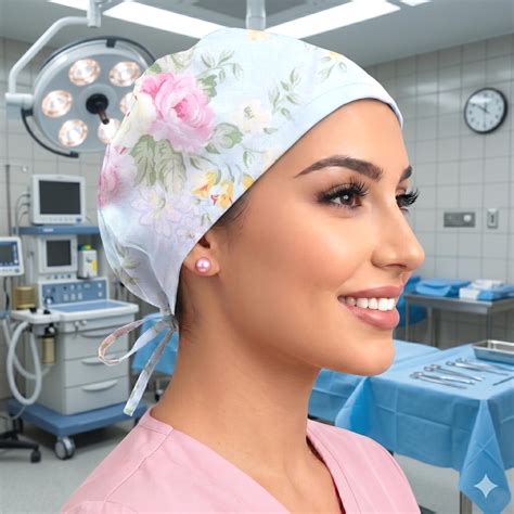 Surgical Satin Lined Scrub Cap Buttons Option Pastel Floral Cotton