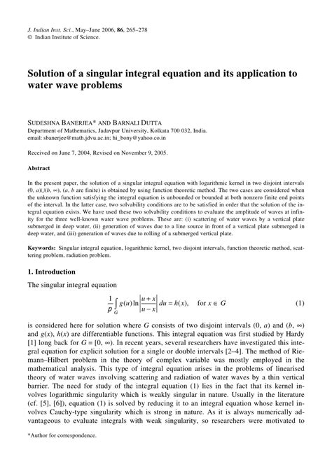 Pdf Solution Of A Singular Integral Equation And Its Application To Water Wave Problems