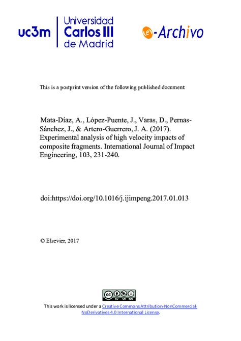 Pdf Experimental Analysis Of High Velocity Impacts Of Composite Fragments